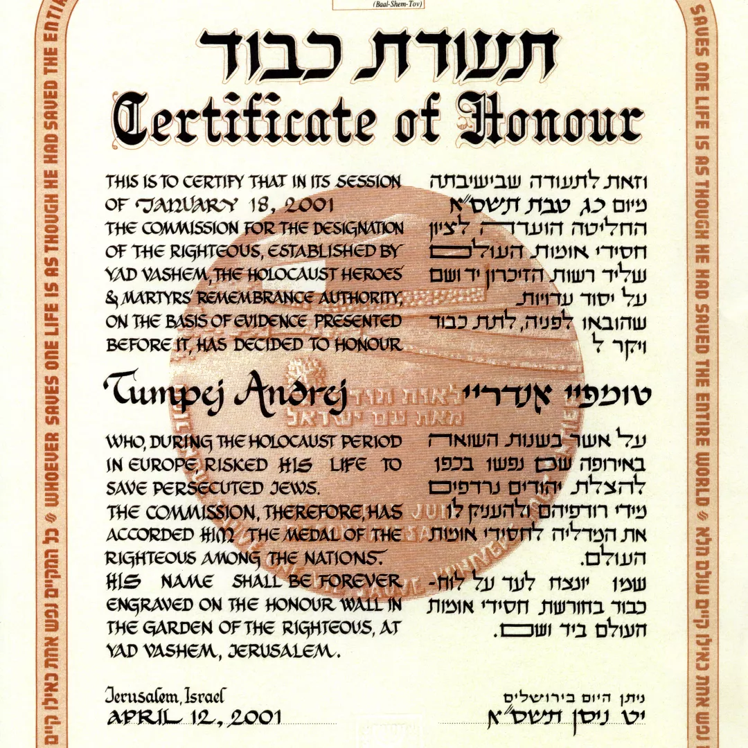 Certificate of Honour given to Father Andrej Tumpej | Centropa